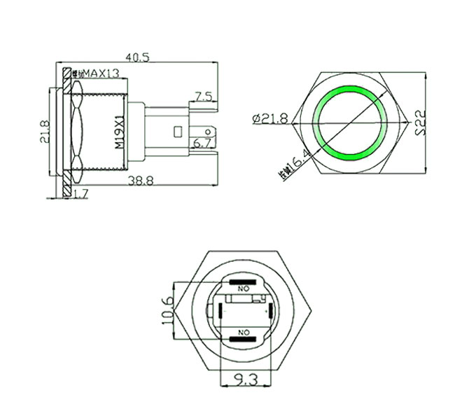 High Current 250Vac Self Reset 10A Push Button Switch